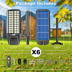 Jadisi 6-Pack 24000W Solar Street Light - 1800000 Lumens, Dusk-to-Dawn, Waterproof, Ideal for Commercial & Outdoor Parking Lots - Energy-Efficient Solar-Powered, 3-Year Warranty