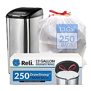 Reli. Tall Kitchen Drawstring Trash Bags 13 Gallon | 250 Count Bulk | Kitchen Garbage Bags | White | 13 Gallon - 16 Gallon Capacity