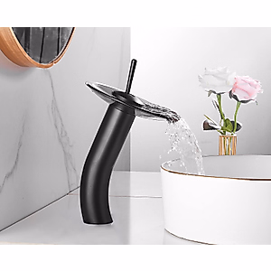 Waterfall Black Bathroom Vessel Faucet Glass Spout 360° Swivel Single Handle One Hole Solid Brass Bowl Faucet Bath Lavatory Vessel Sink Vanity Faucet Tall Body for Above Counter Sink