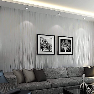 Kmiles Peel and Stick Wallpaper, Length 20.8" Width 393" Per Roll, Non-Woven 3D Modern Print Embossed Stripe Fashion Wallpapers for Livingroom, Bedroom, Kitchen and Bathroom, Silver Grey