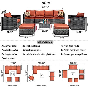 XIZZI Patio Furniture Set, No Assembly 9 PCS Big Size Outdoor Sectional Sofa All Weather PE Rattan Wicker Outdoor Furniture with 2 Pillows,Grey Wicker Orange Red