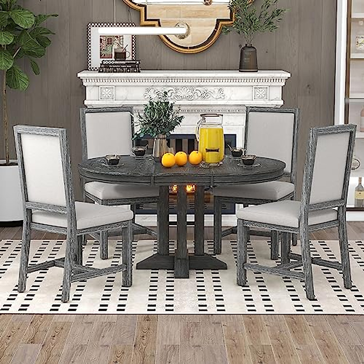 Prohon Round Extendable Table and 4 Upholstered Tufted Chairs with X-Shape Wood Legs, Retro Style 5 Piece Dining Set Farmhouse Furniture for Kitchen/Living Room/Apartments, Black