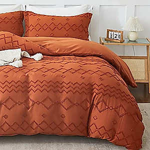 EMME Queen Duvet Cover, Tufted Microfiber Duvet Cover Set, Boho Bedding Sets Queen for All Seasons, 3 Pieces Embroidery Chic Duvet Cover Full, 1 Duvet Cover + 2 Pillowcases (Pumpkin, Queen)