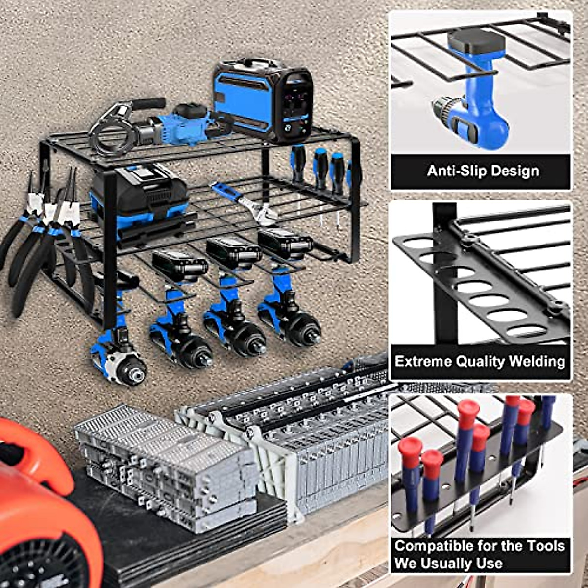 Power Tool Organizer Garage Organization with 4 Drill Holders, Power Tool Organizer and Storage Wall mount, Heavy Duty Metal Garages Shelf, Utility Rack for Screwdriver Pegboard Shed Workshop, Black