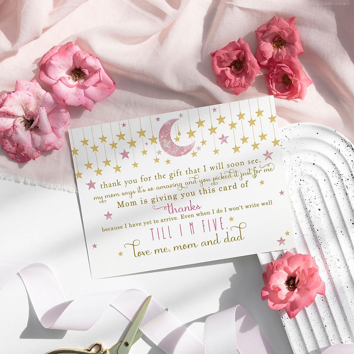 25 Twinkle Little Star Baby Thank You Cards Pack – Girls Baby Shower Notes with Envelopes Set, Prefilled Message, Customizable and Personalize Blank Stationery Pink and Gold, New Parents Gift Ideas