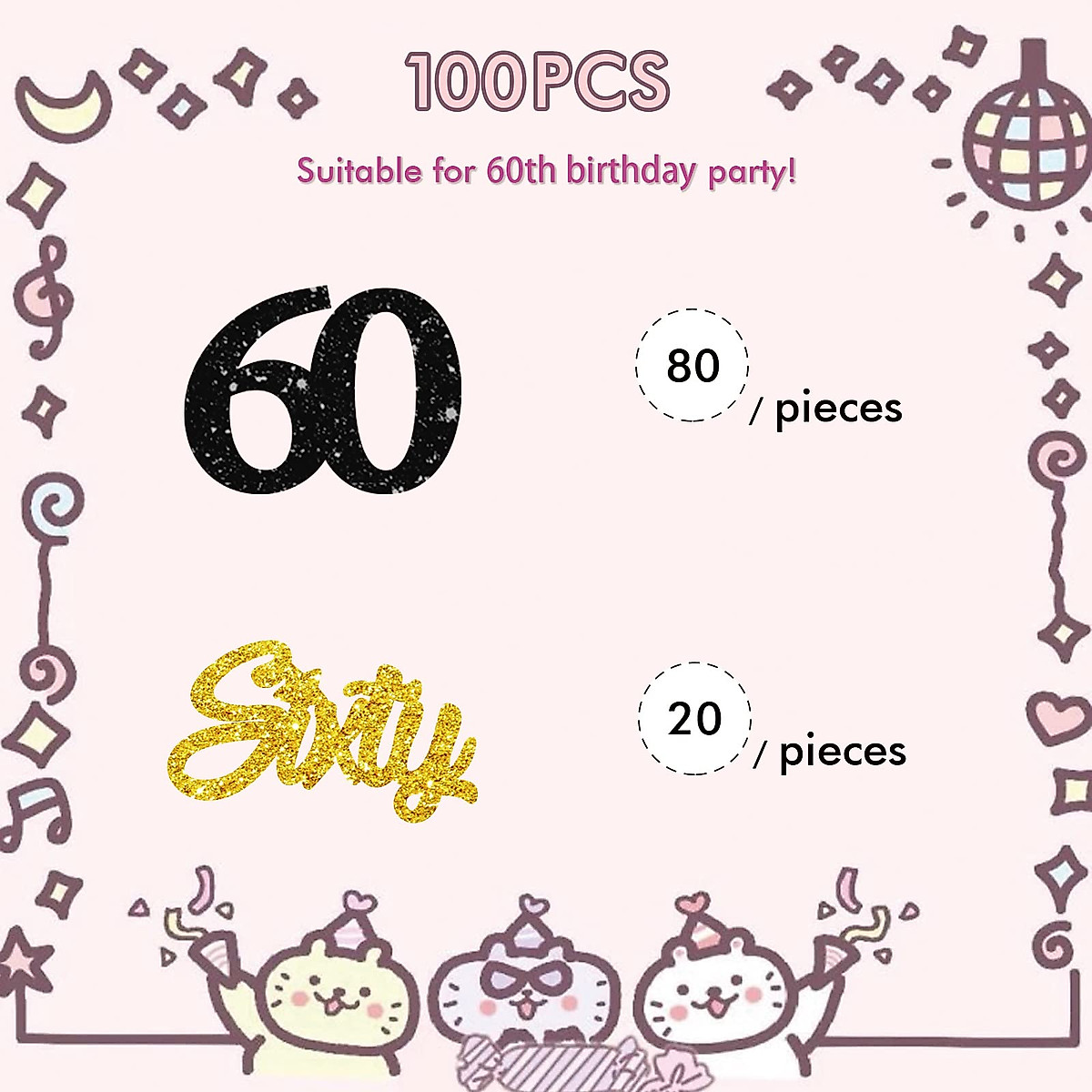 Set of 100 Happy 60th Birthday Confetti, Gold Glitter Sixty Paper Scatter, 60th Birthay Party Decorations, 60 Smash Cake Decor, Happy 60th Anniversary Party Decor