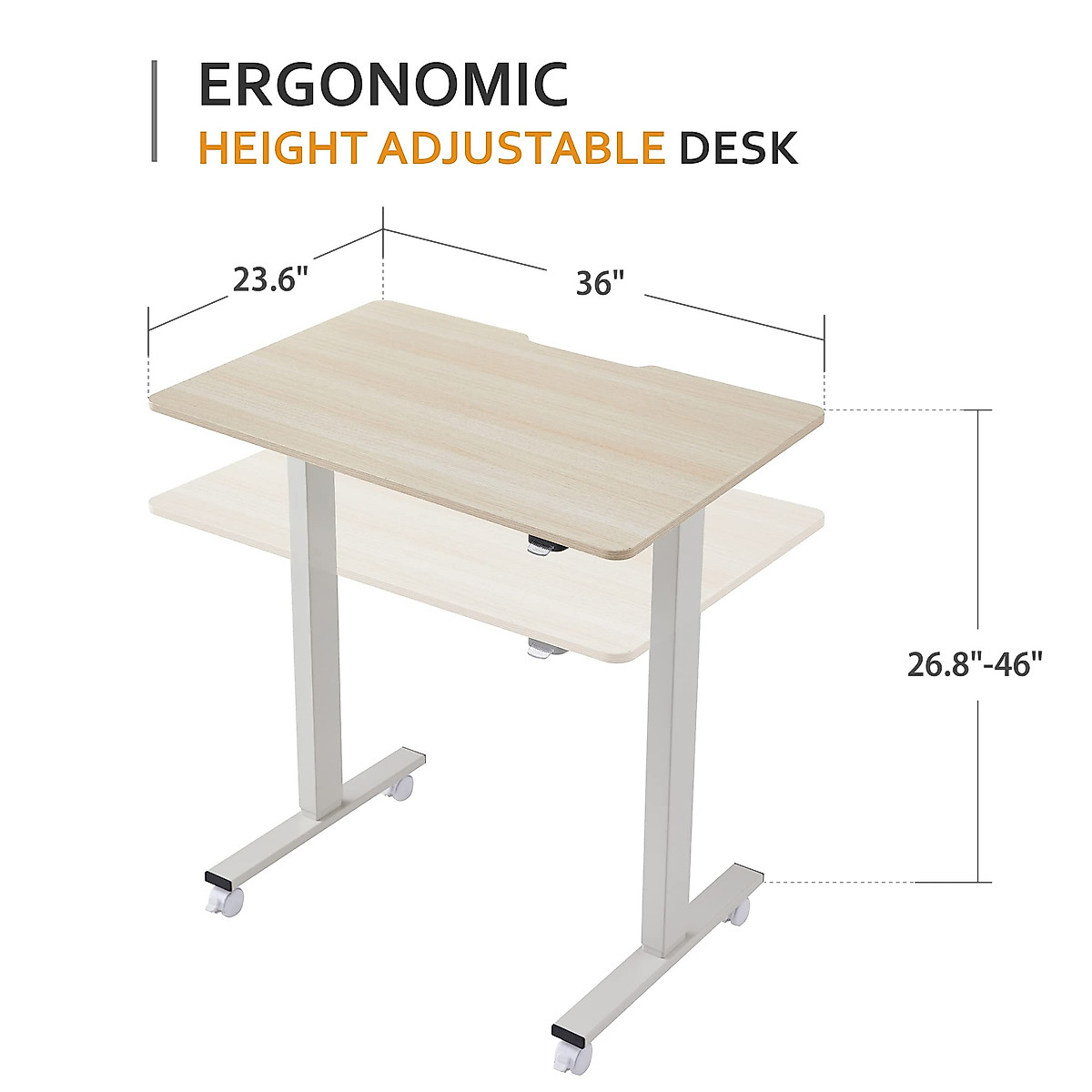 Okin Small Rolling Standing Desk, 36" x 24" One Piece Top Height Adjustable Desk, Electric Stand Up Desk with 4 Caster Wheels, Mobile Sit to Stand Workstation, Light Oak Table Top, White Frame