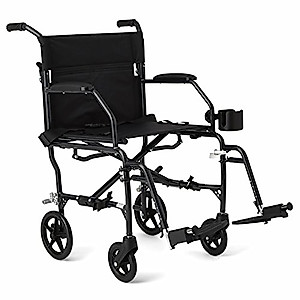 Medline Ultralight Transport Wheelchair with 19” Wide Seat, Folding Transport Chair with Permanent Desk-Length Arms, Black Frame