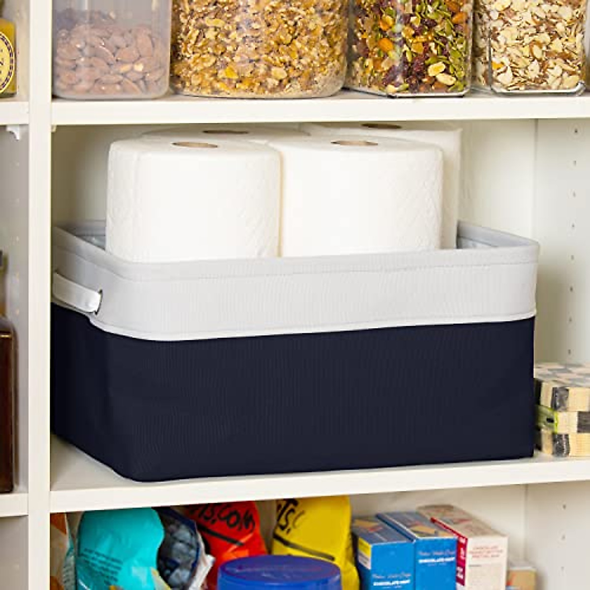 Canvas Storage Basket Organizer, Large | Fabric Rectangular Basket with Handles for Toys, Linen Closet, Clothes | Ideal Cube Storage Bin for Shelves, Navy