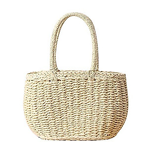 Women Summer Beach Straw Tote Bag Handmade Weave Handbag with Top Handle Removable Strap (Beige)