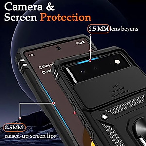 iBaove for Google Pixel 6 Case, Pixel 6 Case with 2 Pcs HD Screen Protector and Slide Camera Cover, Military Protection Shockproof with Ring Kickstand Case for Google Pixel 6, Black
