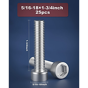 5/16-18 x 1-3/4" Socket Head Cap Screws Bolts, Allen Socket Drive, Stainless Steel 18-8 (304), Full Thread, 25 PCS