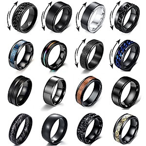 FINZOR 16Pcs Stainless Steel Fidget Band Rings for Men Women Spinner Ring Cool Rings Wedding Promise Band Ring Jewelry Set Size 10