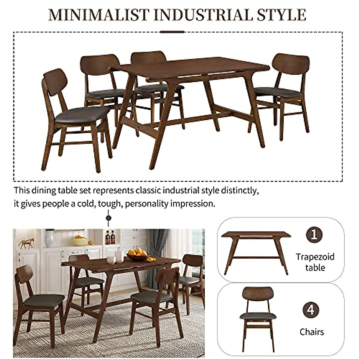 LCH 5 Pieces, Kitchen Faux Leather Chairs, Mid-Century Style Dining Table Set for 4 Persons, Easy to Clean and Assemble (Brown)