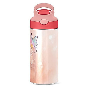 Kigai Flowers Butterfly Pink Kids Water Bottle, Insulated Stainless Steel Water Bottles with Straw Lid, 12 oz BPA-Free Leakproof Duck Mouth Thermos for Boys Girls