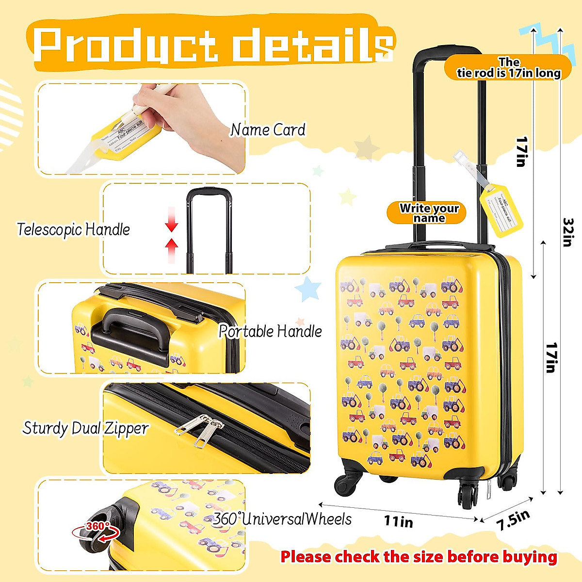 Redbaker 6 Pcs Kids Luggage Set 17 Inch Kids Rolling Luggage Double Pattern Suitcase for Girls Boys Gift(Yellow,Car Style)