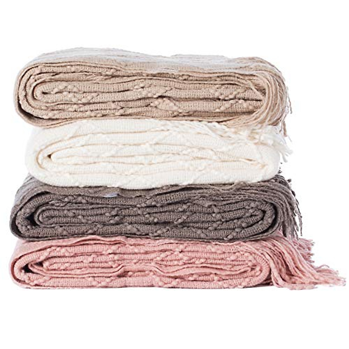 Decorative Diamond Pattern Knit Throw Blanket with Fringe, White