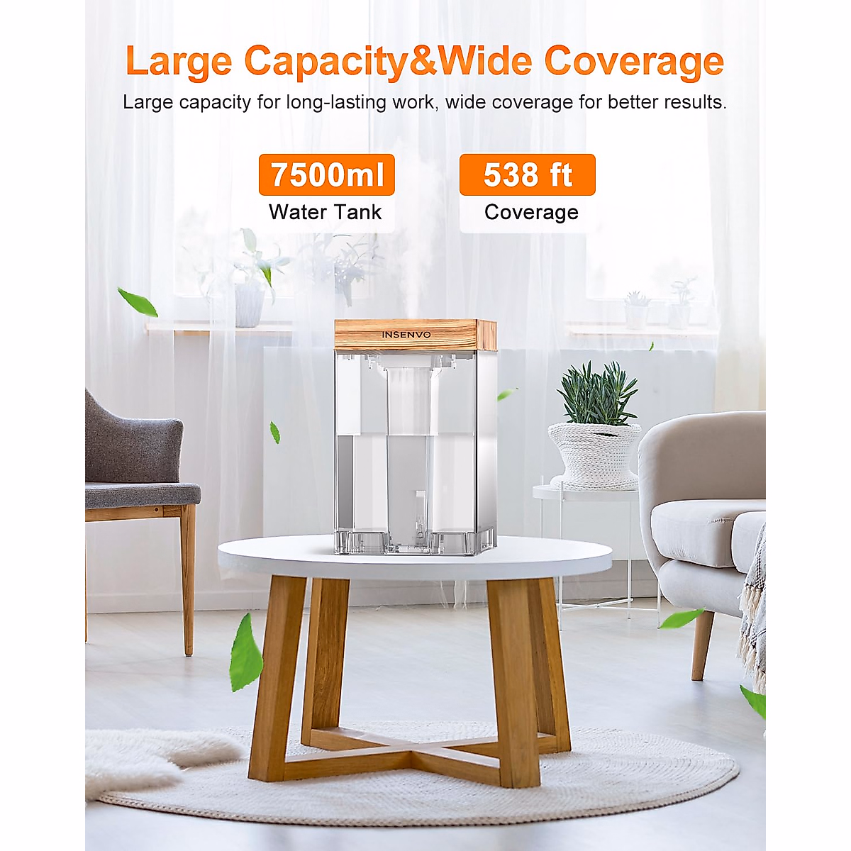 INSENVO Humidifier 7.5L for Bedroom, Anti-leak Design&Top Fill, Ultrasonic Cool Mist Air Humidifers Indoor for Baby&Plants, Disassemble&Clean Easily, Visualized Outlook, Auto Shut-off, Wood Pattern