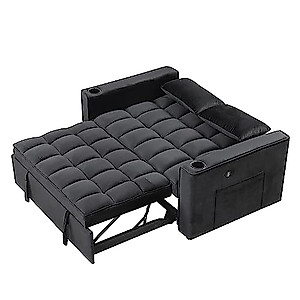 4 in 1 Upholstered Futon Sofa Convertible Twin Sofabed ,Foldable Tufted Loveseat with Pull Out Sleeper Couch Bed, Space Saving Love Seat Daybed W/Side Pockets ,USB Ports & Cupholders for Living Room