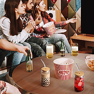 Drinking Glasses with Bamboo Lids and Glass Straw 4pcs Set - 16oz Can Shaped Glass Cups, Beer Glasses, Iced Coffee Glasses, Cute Tumbler Cup, Ideal for Cocktail, Whiskey, Gift - 2 Cleaning Brushes