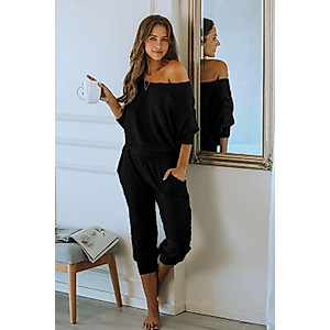 PRETTYGARDEN Women's 2 Piece Ribbed Tracksuit Outfits Off Shoulder Long Sleeve Pullover Long Pants with Pockets (Black,Large)