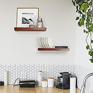 Marsmiles Floating Shelves Solid Wood Set of 2, Rustic Wood Wall Shelves, Wooden Wall Mounted Farmhouse Shelves for Bathroom Kitchen Living Room Bedroom - Light Walnut