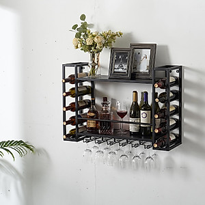 GOLASON Wall Mounted Wine Rack with Glass Holder, Metal Bottle Holder Wine Storage Display Rack for Home Bar Dining Room Kitchen (31.5 Inch, Black)