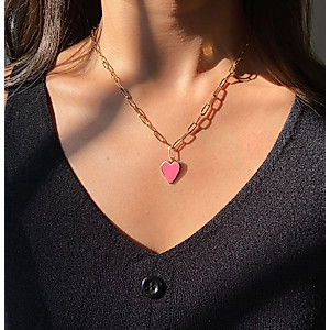 Pink Heart Necklaces For Women Trendy Hot Pink Necklace Preppy Jewelry Necklaces Heart Pendent Necklace Pink Jewelry Outfit For Women Paperclip Chain Necklace Pink Dress Accessories Red Heart Necklace