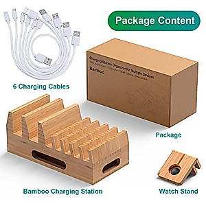 Pezin & Hulin Bamboo Charging Station Organizer for Multiple Devices & Wood Desktop Docking Charging Stand Such As Cell Phone, Tablets, Phone Case and Watch Stand (No USB Charger)