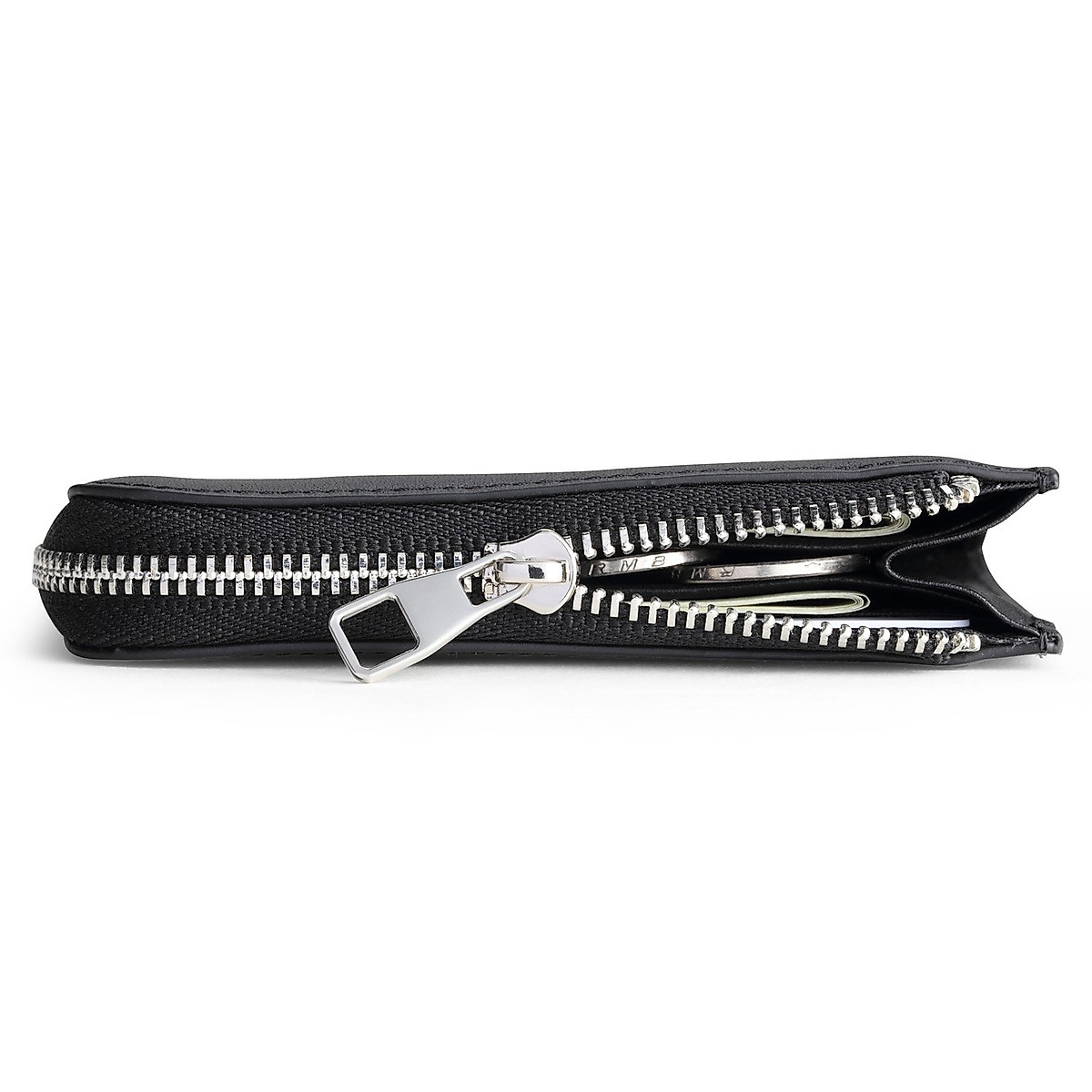 HISCOW Metal Zipper Slim Sector Wallet with 2 Card Slots - Italian Calfskin (Black)