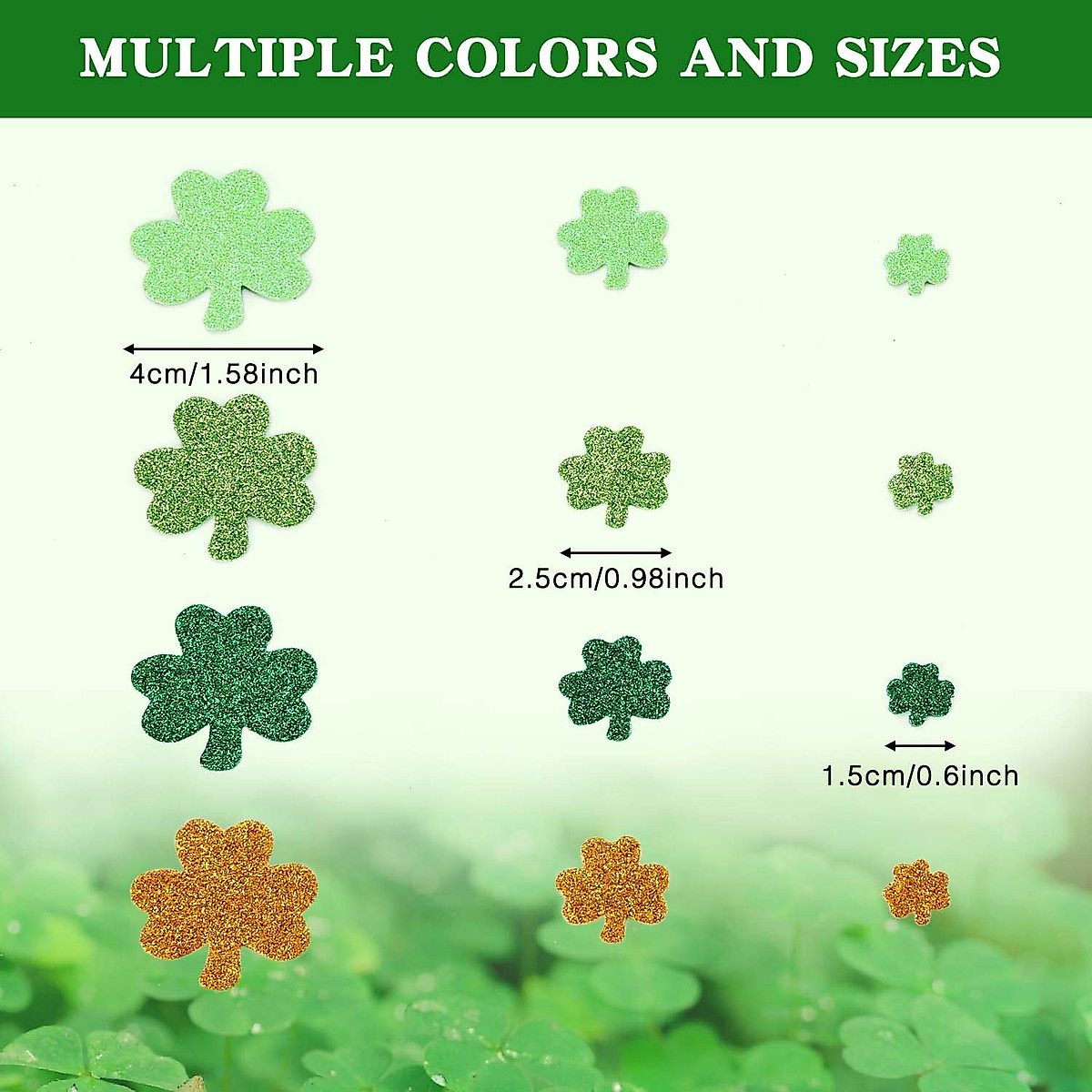 500 Pieces St. Patrick's Day Colorful Glitter Foam Stickers Self Adhesive Shamrock Shapes Glitter Stickers, Kid's Arts Craft Supplies Greeting Cards Home Decoration