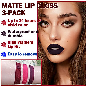 CAHIUYOA 3Pcs Dark Black Blue Purple Matte Liquid Lipstick Lip Stain Lip Gloss Makeup Set,DNM Non Stick Cup Long Lasting Smudge Proof Waterproof Lipstick labial mate larga duracion 24 (Set07)