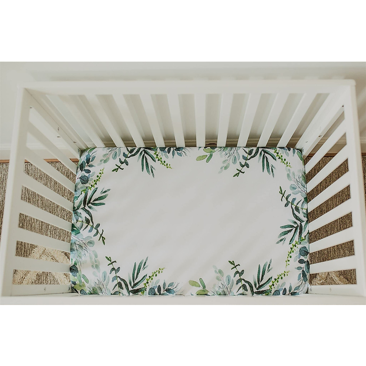 NODNAL CO. Leafy Pack n Play Playard Portable Mini Crib Fitted Sheet for Baby Mattress - Jersey Knit Cotton Unisex Girl/Boy for Pack and Play - Gender Neutral Floral Eucalyptus (Leafy Border)