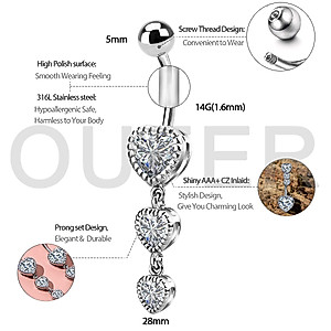 OUFER 3PCS Belly Button Rings, Heart Shaped Clear CZ Dangle Navel Rings, 316L Surgical Steel Belly Rings, Heart Dangle Belly Piercing Jewelry For Women And Men