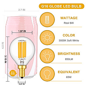 CRLight 3000K 6W Dimmable LED Candelabra Bulb Soft White, 65W Equivalent 650LM, E12 LED Light Bulbs, G16 Globe Clear Glass Chandelier Bulbs, Smooth Dimming Version, 6 Pack
