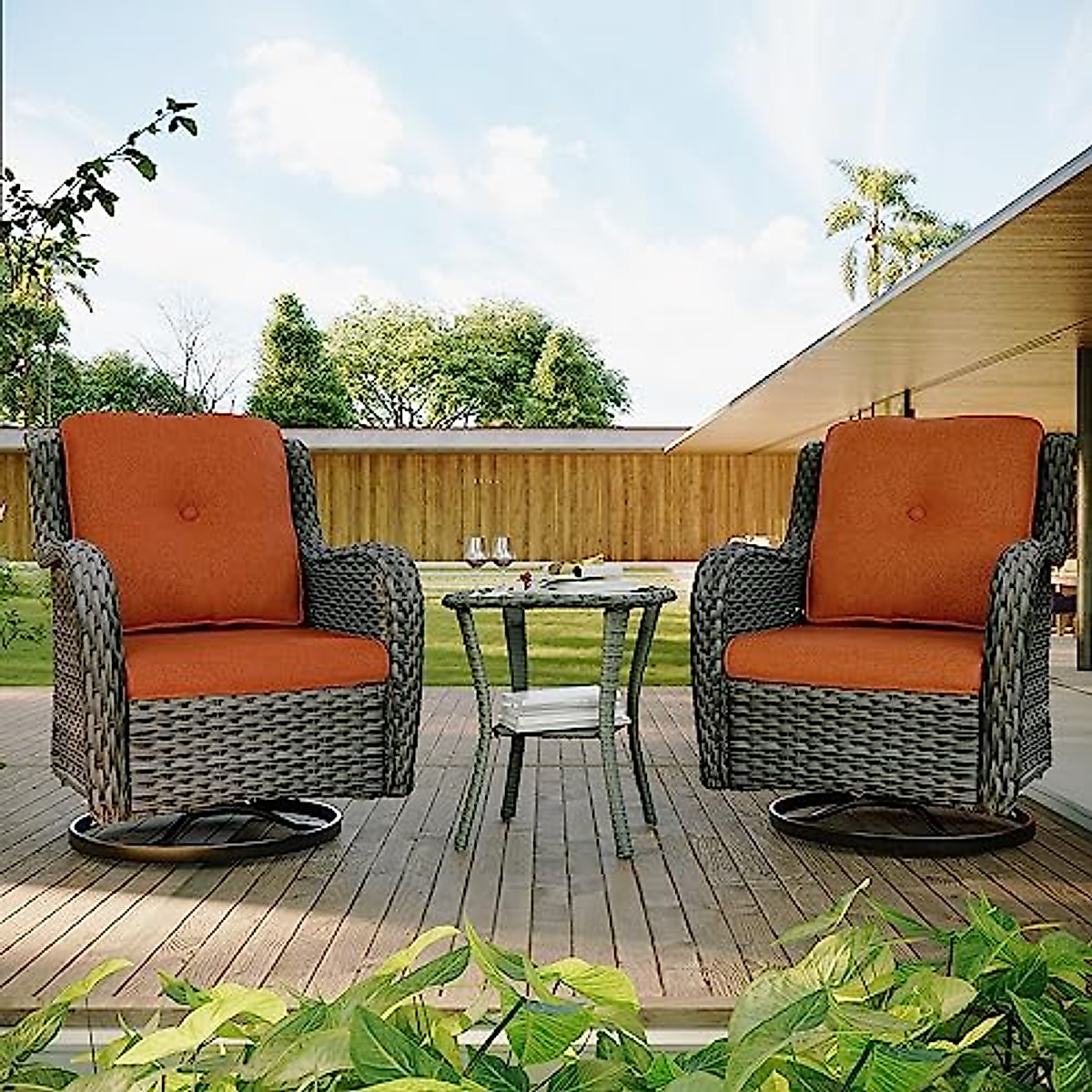 Joyside 5 Piece Outdoor Patio Furniture Set Wicker Conversation Bistro Set Swivel Rocking Chairs with Side Table and Ottomans for Garden, Backyard, Porch, Deck(Mixed Grey/Green)