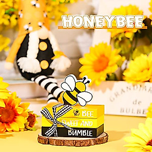 4 Pieces Wood Decorative Book Stack Mini Faux Tiered Tray Wood Books Reversible Sign Rustic Bookshelf Decor for St. Patrick's Day Easter Bee Lemon Holiday Party (Bee Style)