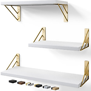 BAYKA Wall Shelves for Bedroom Decor, Floating Wall Shelves for Living Room Kitchen Storage, Wall Mounted Rustic Wood Shelves for Kids Books, Small Shelf for Bathroom(White and Gold，Set of 3)