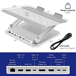 VIVO Universal 11 x 9 inch Height Adjustable Ergonomic Laptop Riser Docking Station with USB-C, USB-A, HDMI 4K60, DP 4K60, PD, RJ45, Tabletop Desk Stand Power Hub, Silver, STAND-V000LD