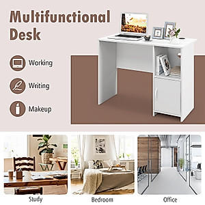 GOFLAME Modern Computer Desk with Cabinet, Writing Study Desk with Cable Holes & Open Shelf, Laptop PC Desk with Storage, Compact Computer Workstation for Home Office, White
