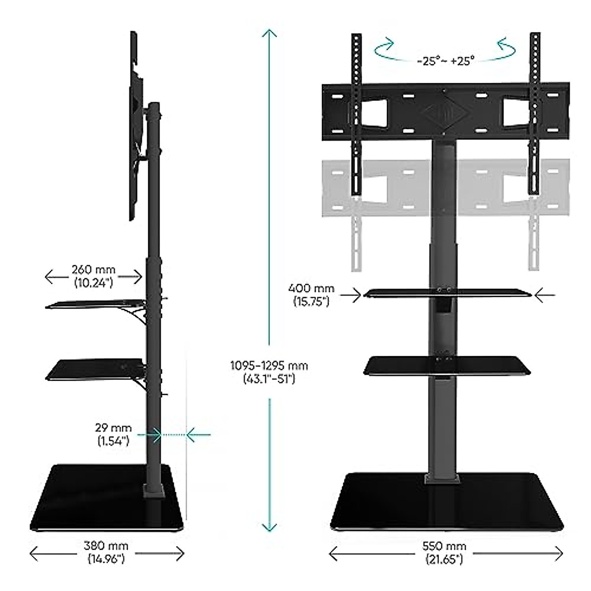 ONKRON Swivel Floor TV Stand for 32-65 Inch TV up to 66 lbs, Tempered Glass TV Stand with Mount max VESA 600x400 - Free Standing TV Stand Adjustable Height/Corner TV Stand with Shelves Black