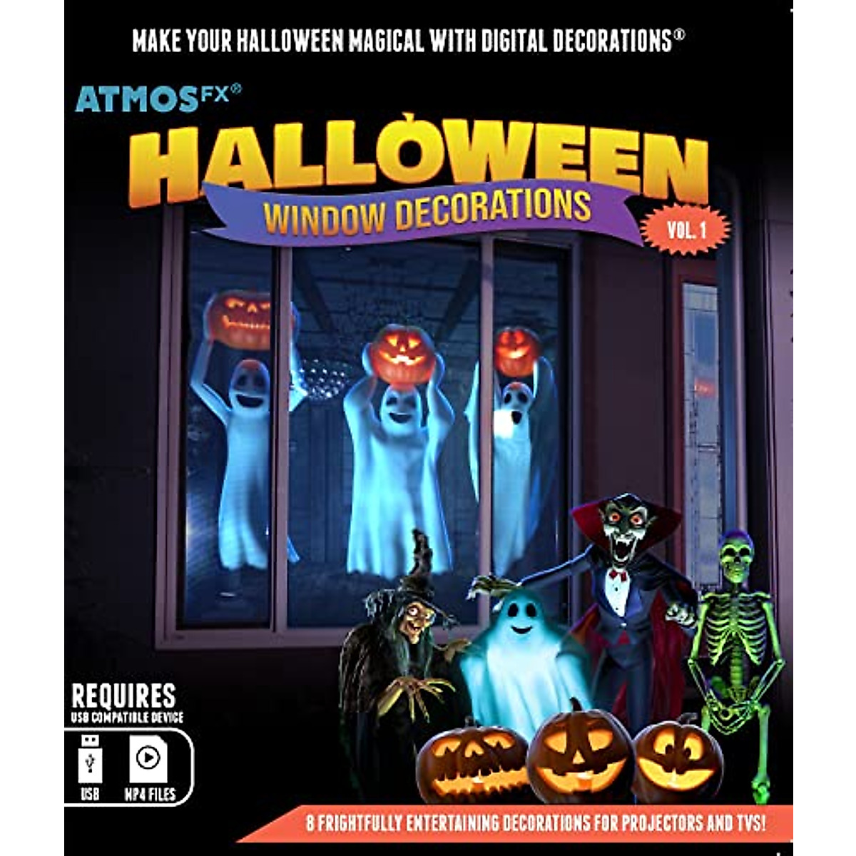 Reaper Brothers Halloween Digital Decoration Kit Includes 8 AtmosFX Video Effects for Halloween Plus HD Super Bright Projector and 48” x 72” Holographic Projection Screen
