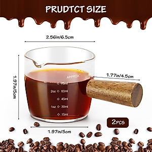 Catcan 2 Packs Single Spout Espresso Shot Glass, 75ML Single Spout Espresso Measuring Cup with Wood Handle, Espresso Glass Carafe Shot Glass Mini Milk Glass Cup for Barista Coffee Carafe Milk