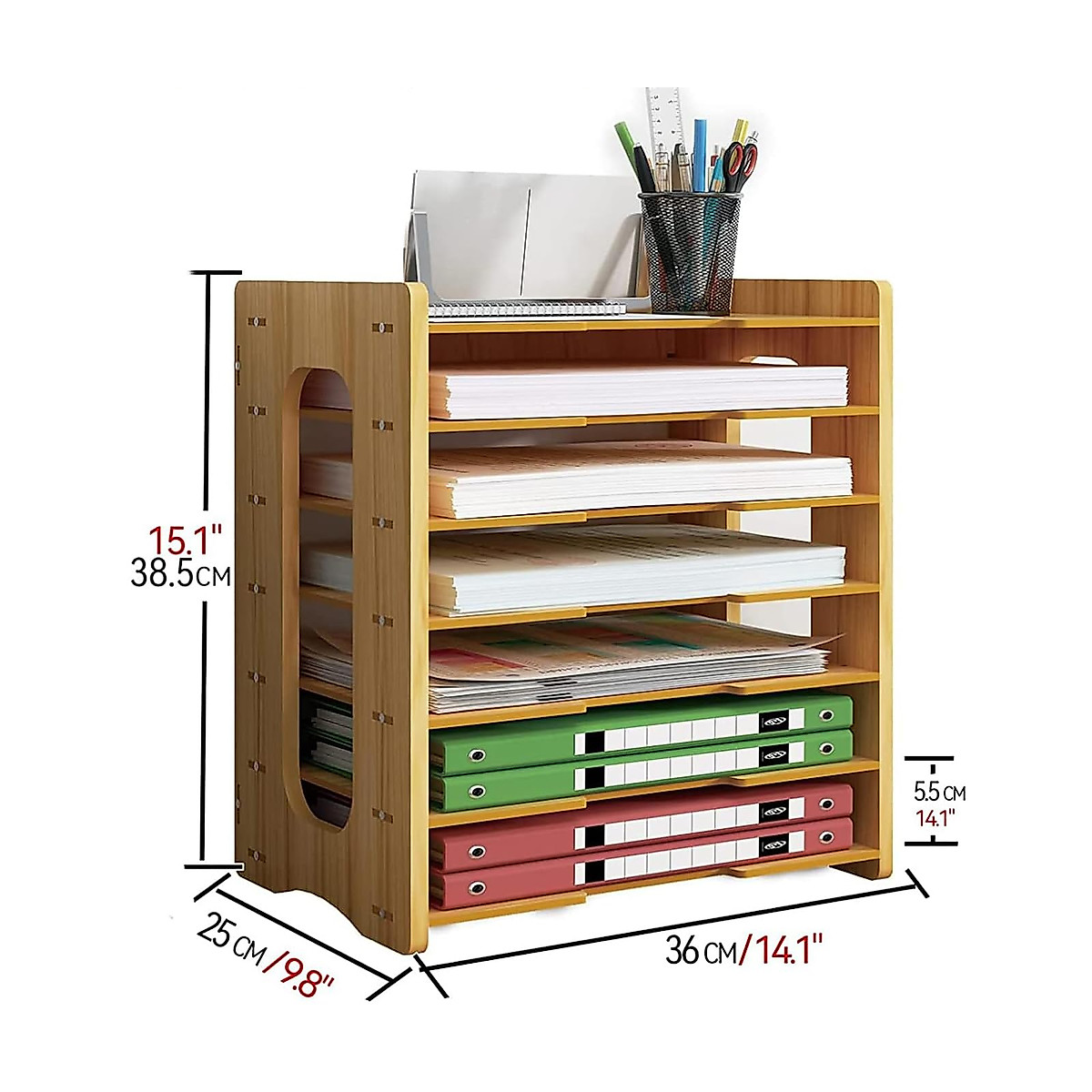 Catekro 7-Tier Desk Organizer, Wood Desktop Accessories, Complimentary Four rulers, Storage Box Office Supplies Organization, Large Capacity Decor File for Office, School and Home(Brown)