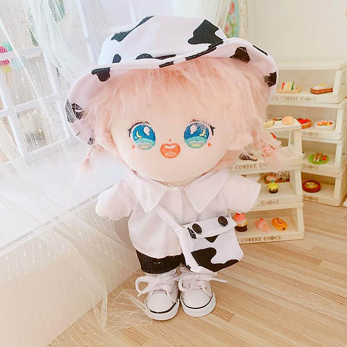 niannyyhouse Cow Clothes Suit 20cm(7.8in) Plush Doll Clothes Fisherman's Hat Denim Shorts White Shirt Doll Dressup(White)