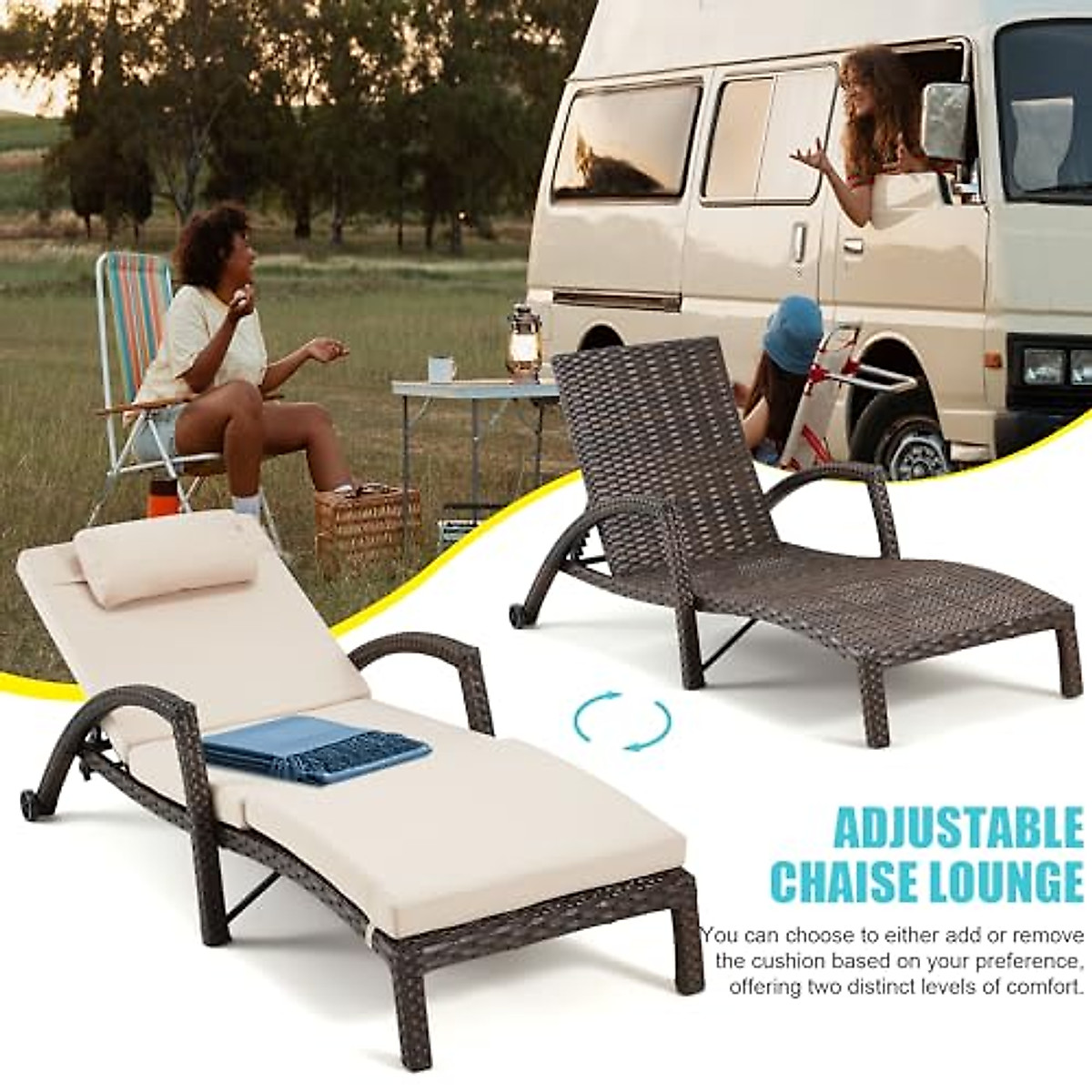 HOMREST Chaise Lounge Chairs Set of 2 for Outside, Adjustable 5 Position Outdoor PE Rattan Wicker Patio Pool Lounge Chair with Arm, Cushion, Pillow and Wheels for Poolside Backyard Deck Porch,Khaki