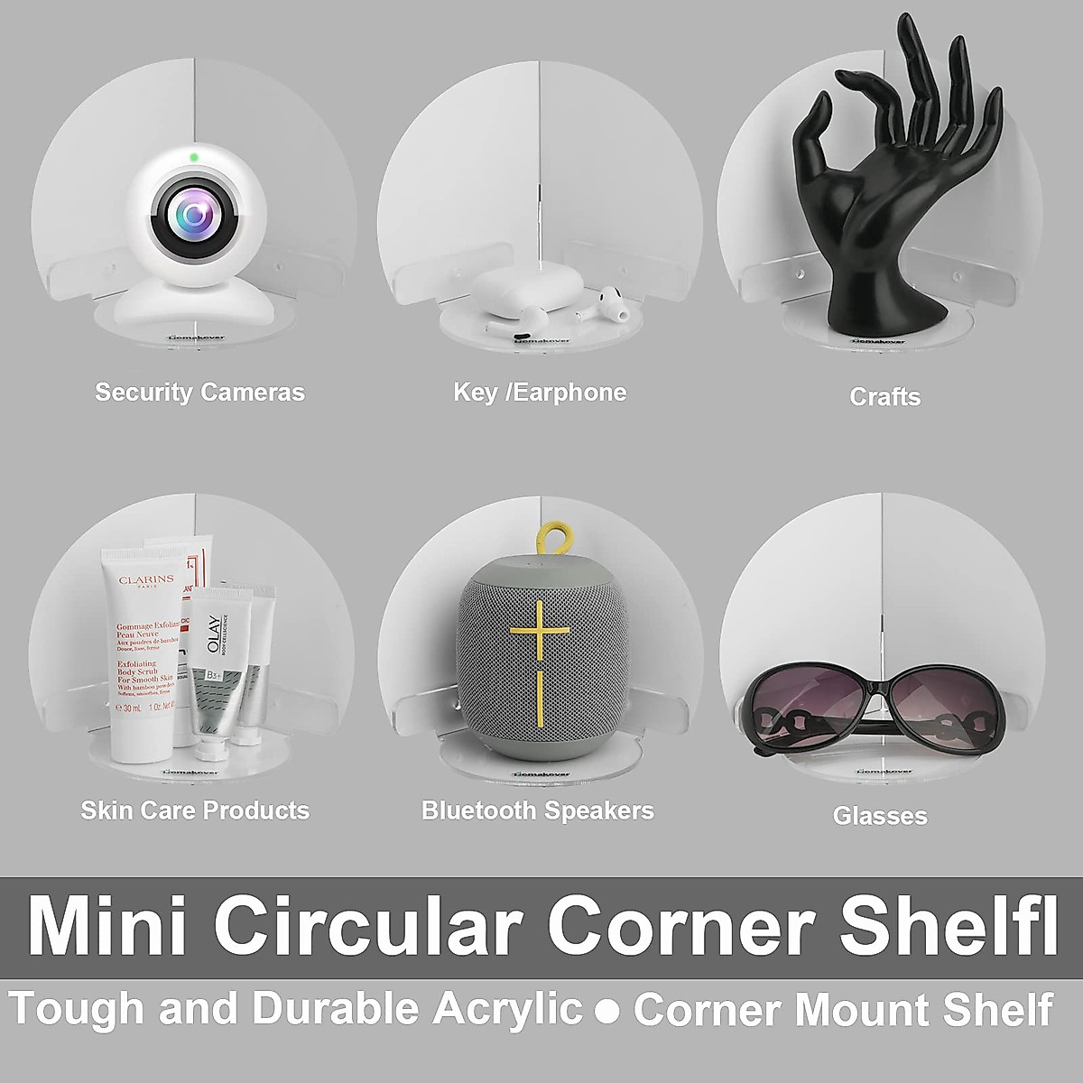 Acrylic Mini Circular Corner Shelf Mount for Security Cameras, Baby Monitors, Speakers, Plants & More, Universal Cam Holder, Easy to Install, Screwless with Damage-Free Replacement Strips (Clear)