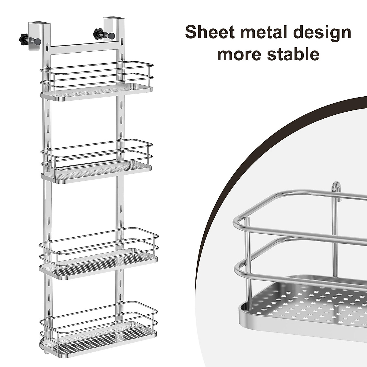 Orimade Adjustable Hanging Over the Shower Door Caddy,Bathroom Organizer Shelf Storage with 4 Hooks for Razor,No Drilling Rustproof Shower Rack Basket, 4 Tier, Silver