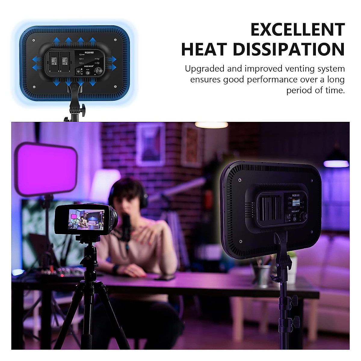 NEEWER 18.3" RGB LED Video Panel Light with App Control, 2 Pack Stand Kit, 360° Full Color/2500K~8500K/CRI97+/17 Scene Effects, 60W RGB168 Studio Lights for YouTube/Game Live Streaming/Photography