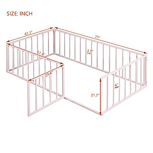 Acosure Twin Size Metal Floor Bed Frame with Fence and Door, Versatile Montessori Beds,No Box Spring Needed,Easy to Install,for Kids,Boys,Girls,Pink